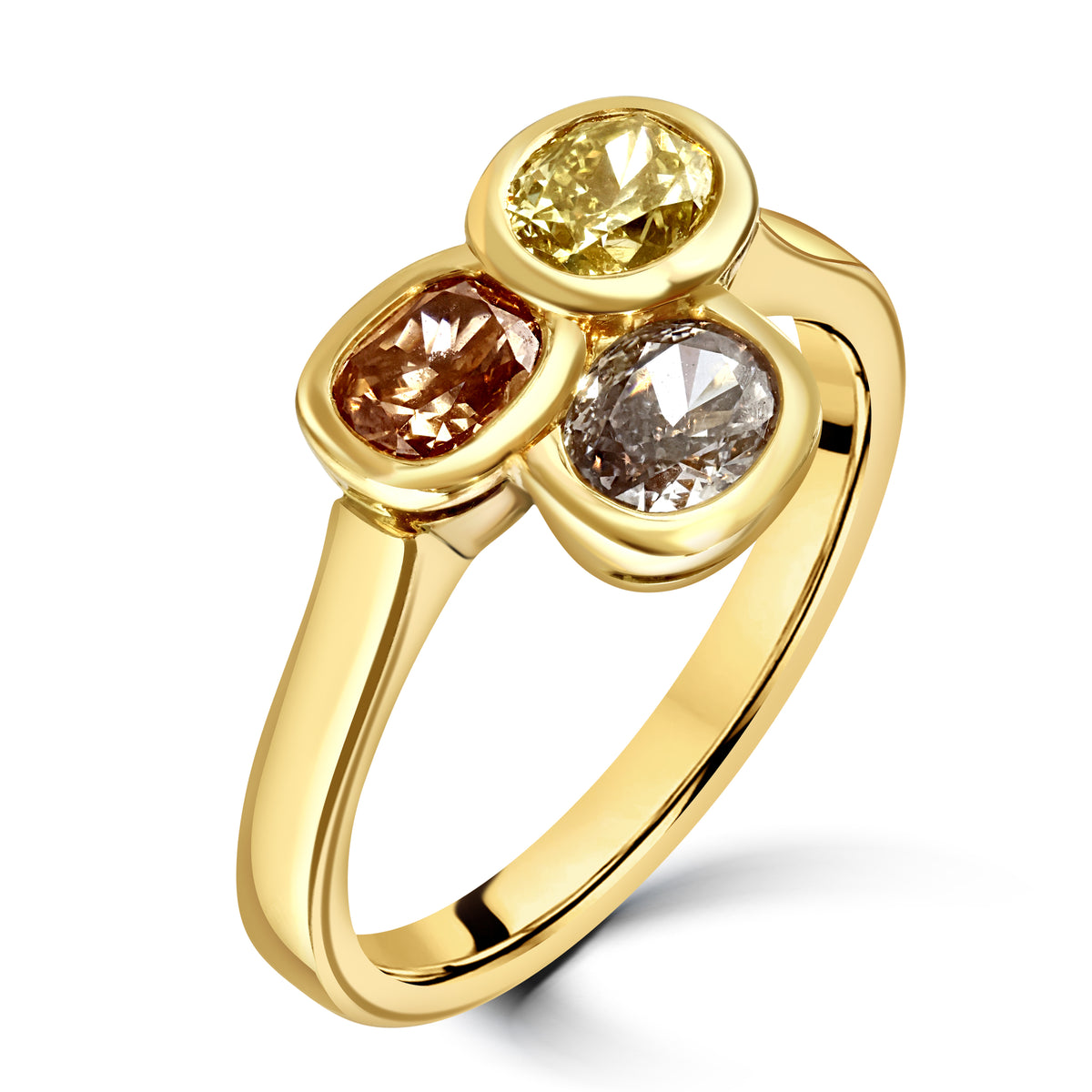 Fancy Yellow, White and Cognac Diamond 18ct Yellow Gold Three Stone Ri ...